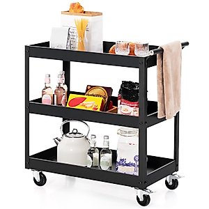 ERGOMASTER 3 Tier Rolling Tool Cart on Wheels, Heavy Duty Metal Service Cart with Lockable Wheels,330lbs Load Capacity Utility Cart for Garage, Warehouse, Workshop(Black)
