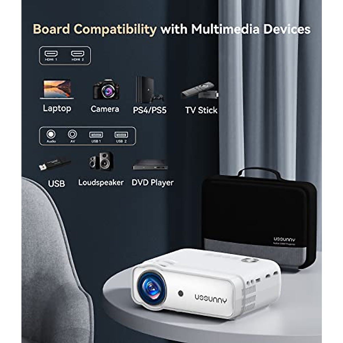 Native 1080P Projector with 5G WiFi and Bluetooth, USSUNNY 9800L HD Movie Projector Outdoor Home Theater Led Video Portable 300'' Display Projector for Phone Wireless Connection