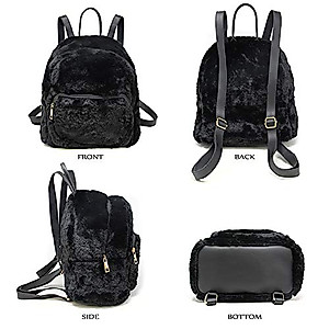 Me Plus Women's Soft Faux Fur Fuzzy Mini Backpack, Shoulder bag Purse, Schoolbag (Black)