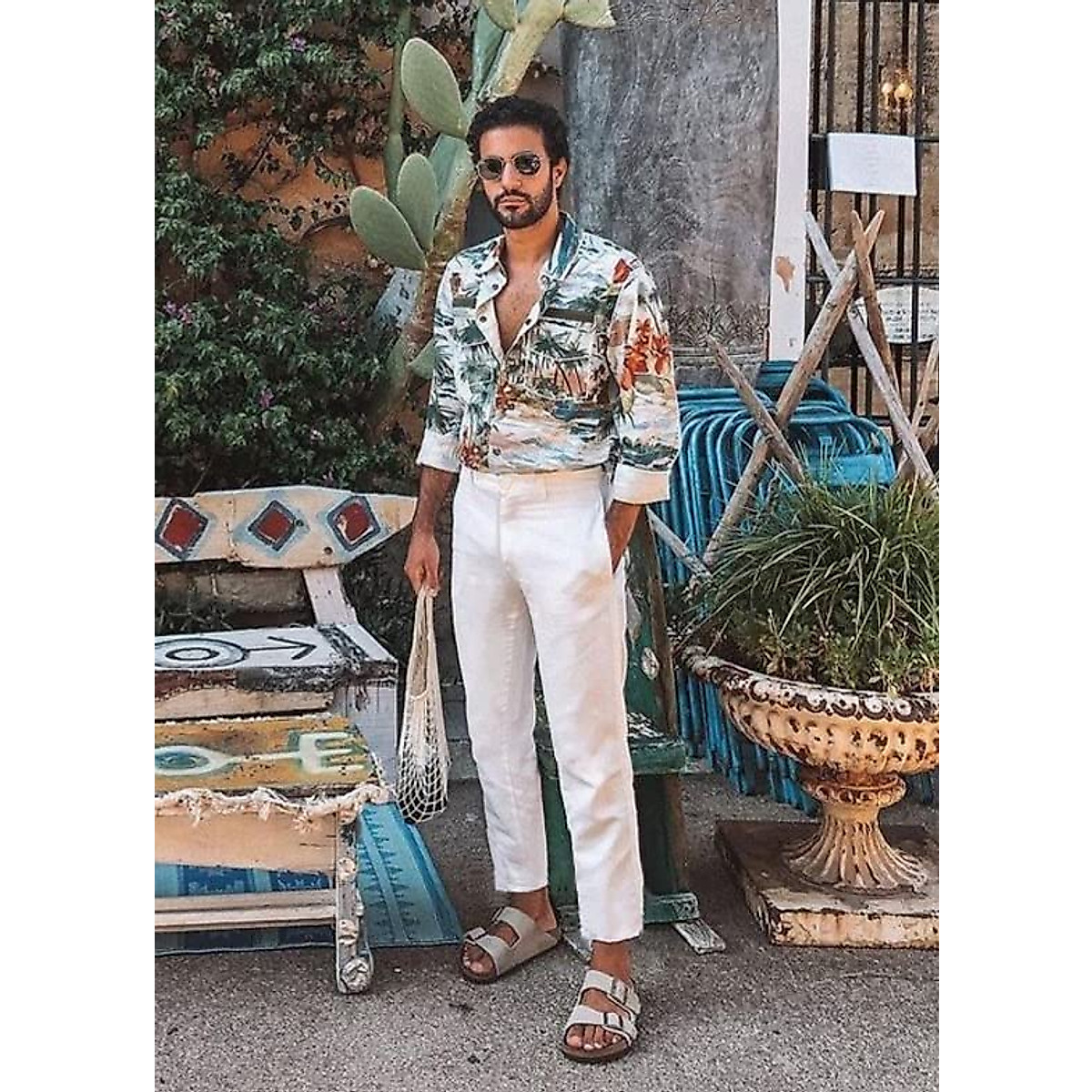 COOFANDY Men's Cotton Linen Pants Elastic Waist Lightweight Casual Pants Slim Fit Yoga Beach Pants with Pockets