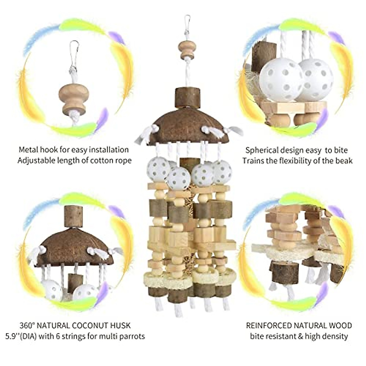 Aupipiroo Large Bird Parrot Toy, Natural Wooden Blocks Bird Chewing Toy Parrot Cage Bite Toy for Cockatoos African Grey Macaws and Amazon Parrots Large Medium Parrots Rattan Balls Wicker Ball Gifts