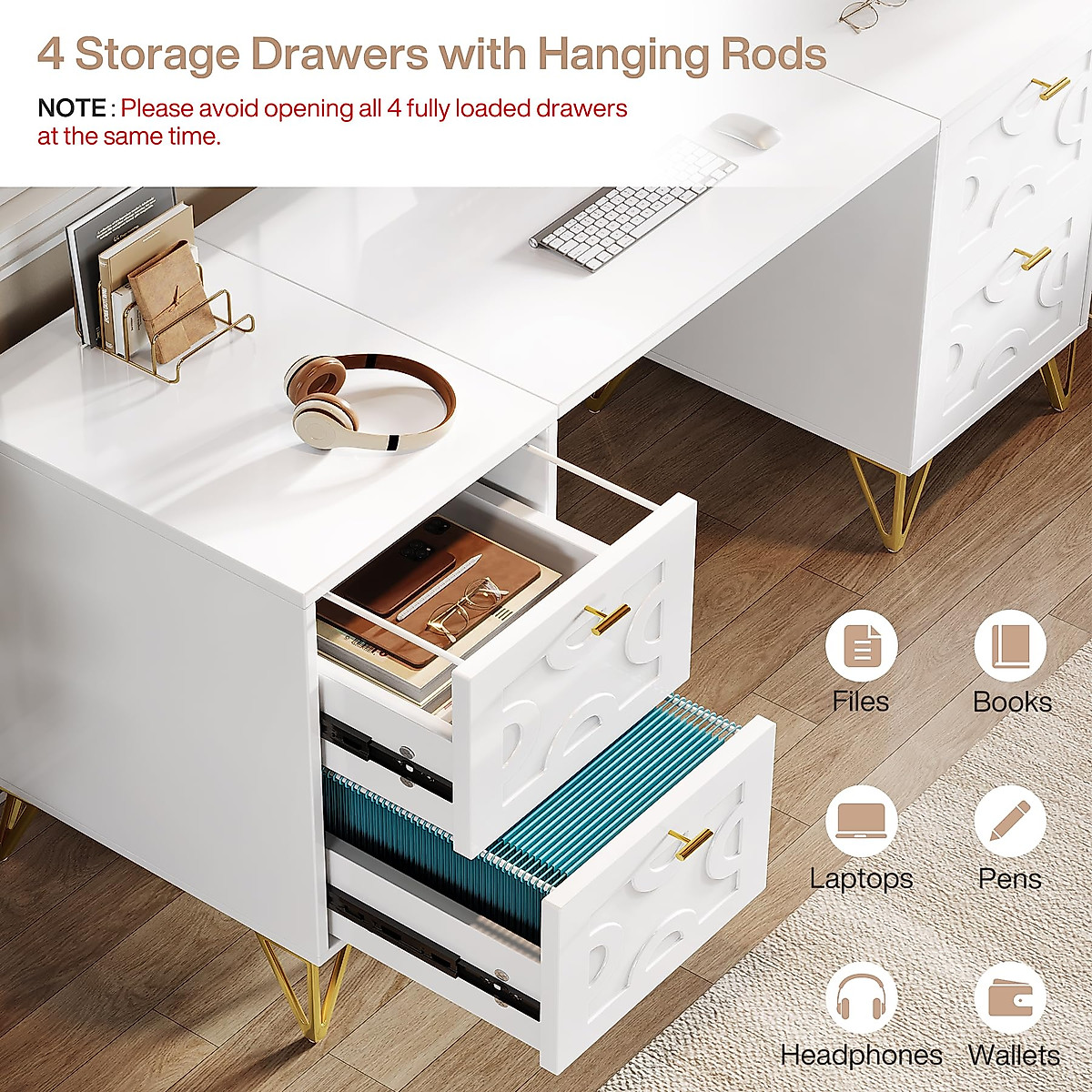 Tribesigns White and Gold Desk with Drawers, 59'' Modern Computer Desk with File Drawers, Work Desk with Storage, Simple Wood Desk with Gold Legs, Large Workstation for Home Office