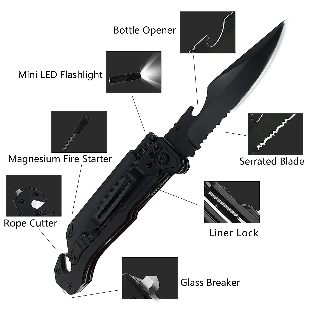 CHELONIAN Engraved Folding Knives for Men,6 in 1 Pocket Knives with Fire Starter,Flashlight,Bottle Opener,Glass Breaker,Birthday Gifts for husband