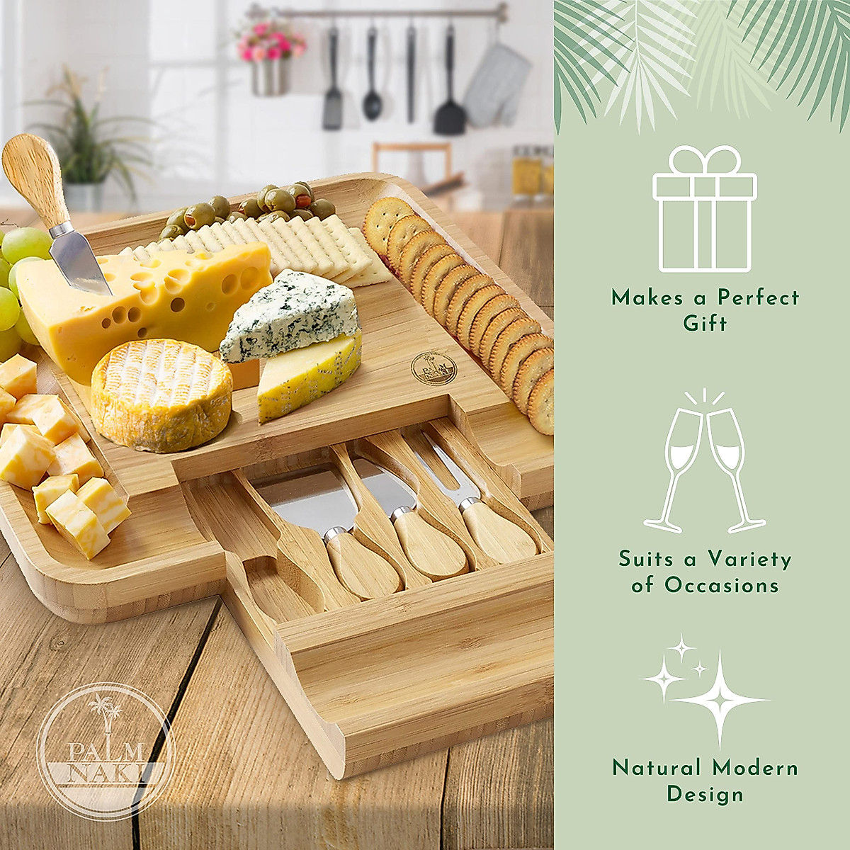 Bamboo Cheese Board and 4 Knives Set - Charcuterie Board with Knives, 13” Large Charcuterie Platter and Serving Tray, Housewarming Gift, and Wedding Gift