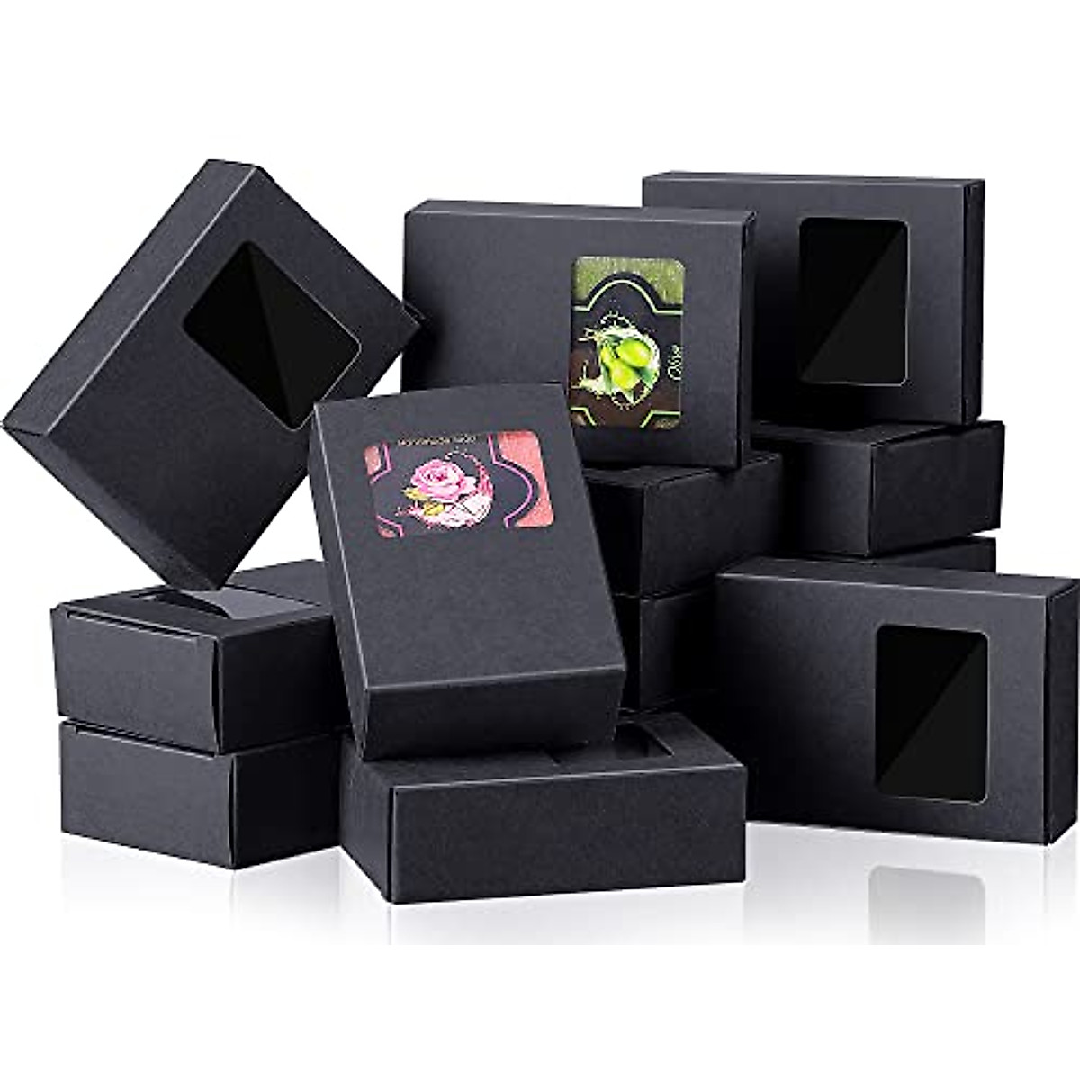 30 Pieces Soap Packaging Boxes Paper Soap Box Kraft Soap Box with Window Rectangle Window Gift Box for Homemade Soap Making Supplies Party Favor Treats Wrapping Packaging, 3.5 x 2.6 x 1.2 Inch (Black)
