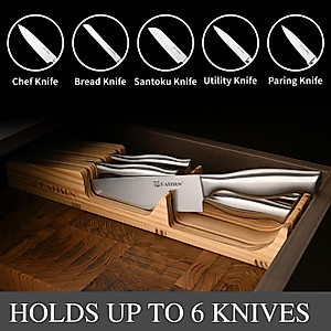 KATISUN Kitchen Knife Set, 6 Pieces Knife Block Sets with Pine Knives Drawer Organizer, Perfect for Home and Chefs, Premium Knife Holder, Gift for Holiday and Housewarming