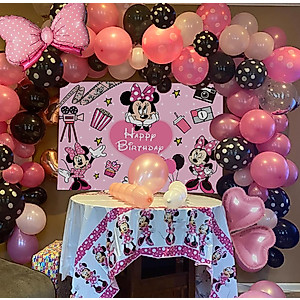Pink Mouse Birthday Backdrop 6x4ft and Pink Mouse Color Balloon Garland Kit,116 pcs Pink Black Dot Balloon Arch with Pink Bow Balloons for Girls Mouse Theme Birthday Baby Shower Party Supplies
