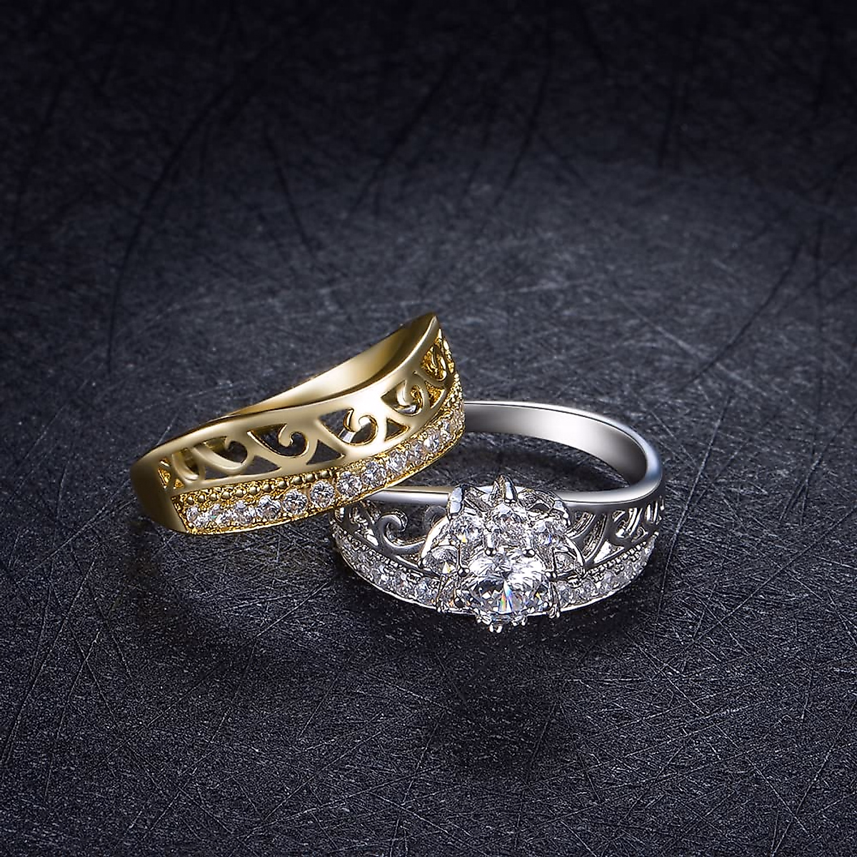 Mytys 18K Gold Plated Two-in-One Rings for Women Wedding Engagement Eternity Rings Halo Cubic Zirconia Bridal Rings Set Size 8