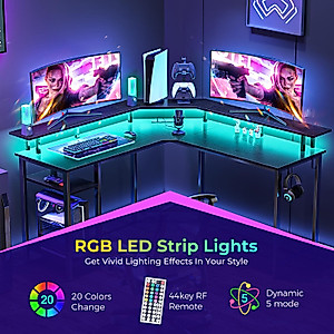 Rolanstar L Shaped Gaming Desk with LED Lights & Power Outlets, 56" Computer Desk with Full Monitor Stand & Storage Shelf, Corner Desk with Hooks, Black Desk Reversible