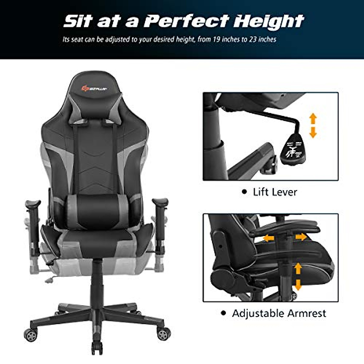 Goplus Gaming Desk & Chair Combo Set, Racing Style X Shaped E-Sport Gamer Desk & PVC Computer Chair w/Cup & Headphone Holder, Mouse Pad, Headrest & Massage Lumbar Support for Home Office (Grey)