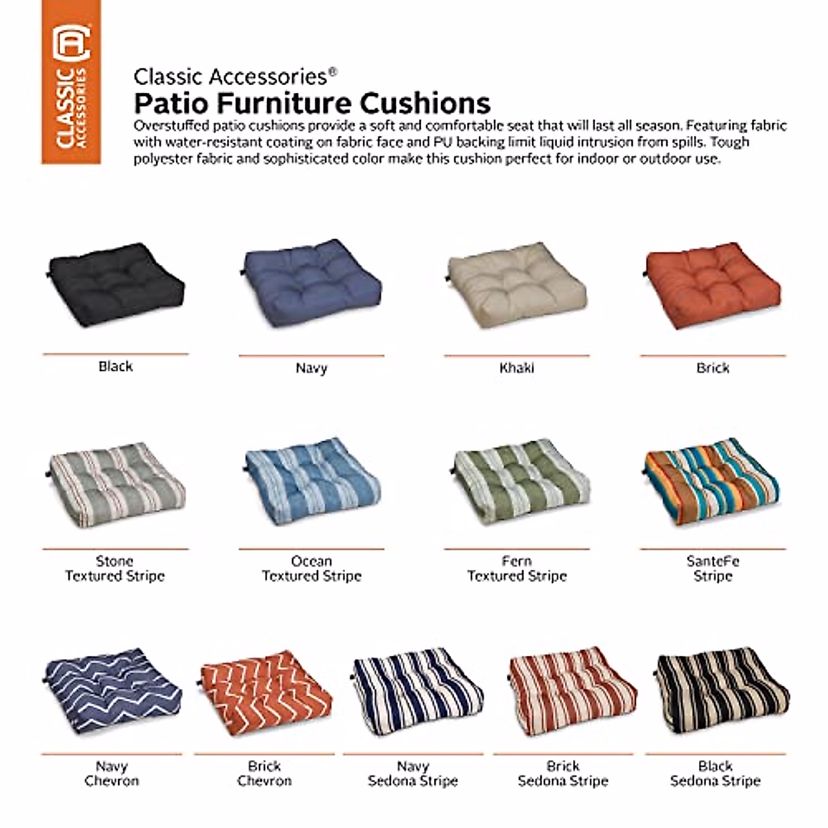 Classic Accessories Water-Resistant Square Patio Seat Cushions, 19 x 19 x 5 Inch, 2 Pack, Brick, Outdoor Seat Cushions