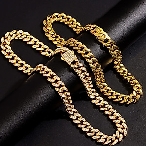 DLSIXNCO 2PCS Cuban Link Chain for Men Women Miami Cuban Link Chain Necklace Gold Silver Plated Bling Diamond Chain Trendy Choker Chain Necklaces Jewelry for Men (Gold, 16inch+18inch)
