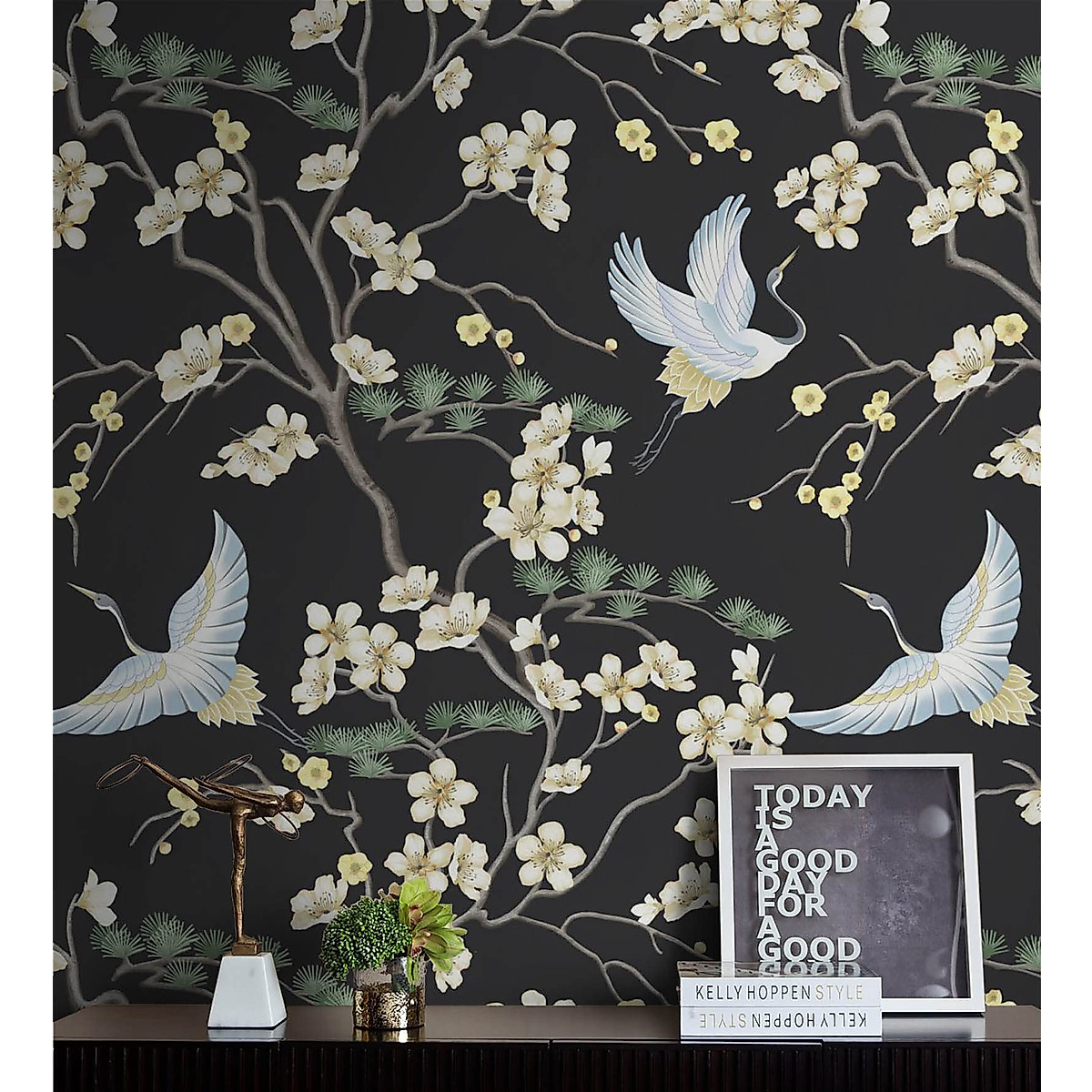 Micpolo Peel and Stick Wallpaper Black Floral Contact Paper Flowers and Birds Wall Paper Self Adhesive and Removable 16.1"x78"