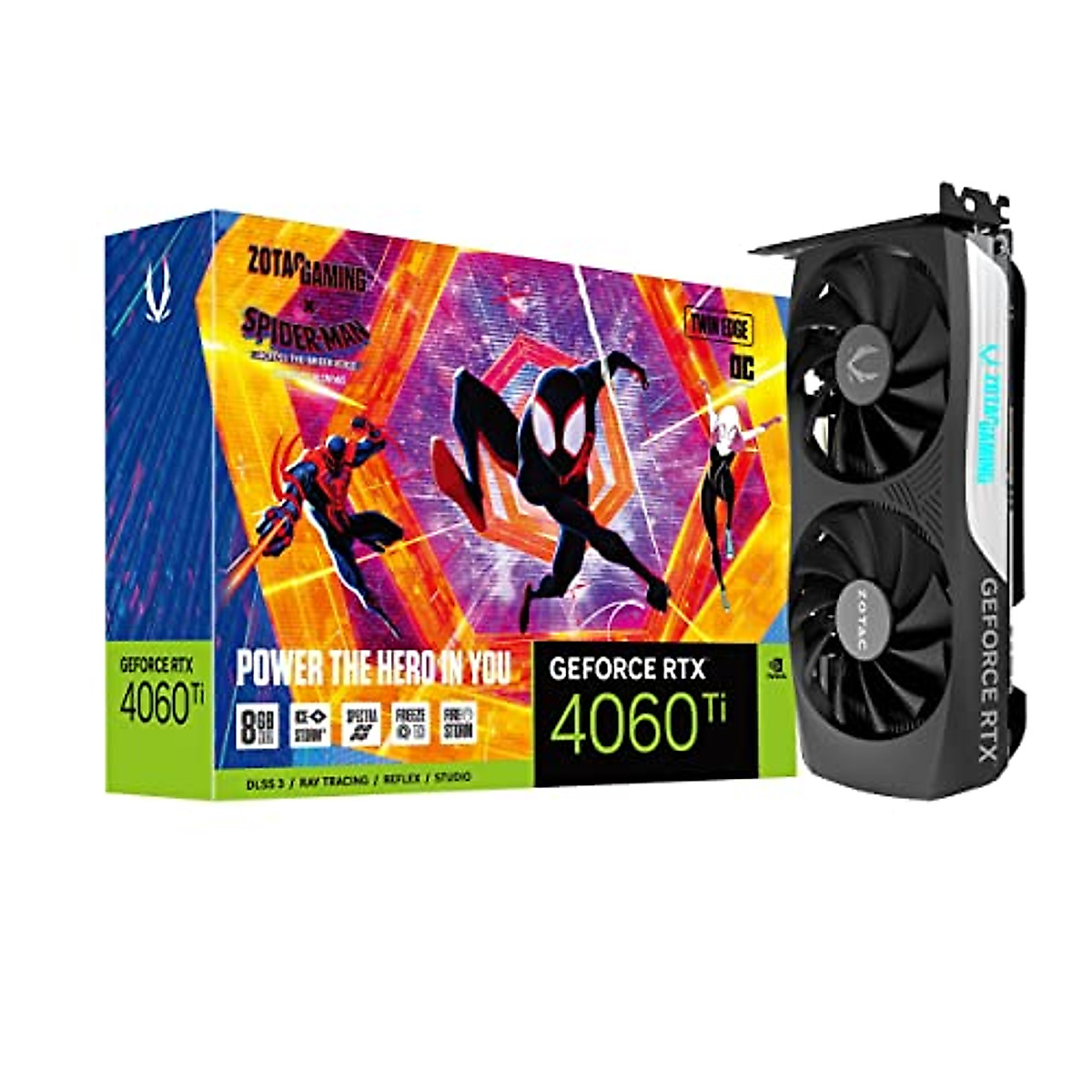 ZOTAC Gaming GeForce RTX 4060 Ti 8GB Twin Edge OC Spider-Man: Across The Spider-Verse Inspired Graphics Card Bundle, ZT-D40610H-10SMP