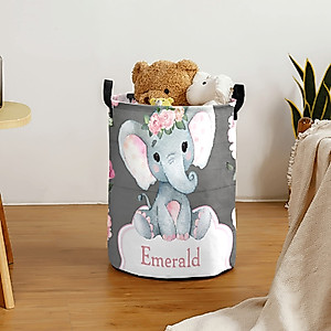 Custom Watercolor Pink Flower Elephant Storage Basket with Handles Personalized Name Waterproof Collapsible Laundry Baskets for Clothes
