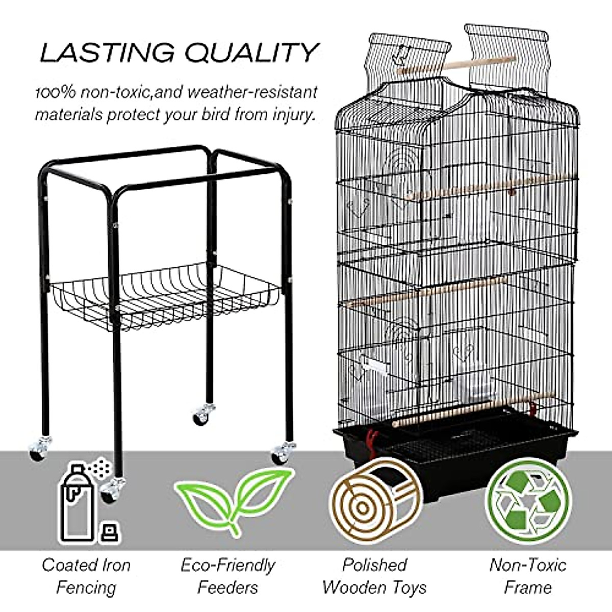 HCY Bird Cage Parakeet 64 inch Open Top Standing Parrot Accessories with Rolling Stand for Medium Small Cockatiel Canary Conure Finches Budgie Lovebirds Pet Storage Shelf, Black, 64x13x17 (Pack of 1)