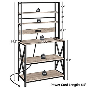 Yaheetech 5-Tier Bakers Rack with Power Outlet, Microwave Stand Utility Storage Shelf with Metal Frame, Industrial Kitchen Rack Coffee Bar with Adjustable Feet, 35.5 x 16 x 64.5, Gray