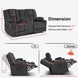MCombo Fabric Power Loveseat Recliner with Console, Electric Reclining Loveseat Sofa with Heat and Massage, Cup Holders, USB Charge Port for Living Room 6045 (Grey)