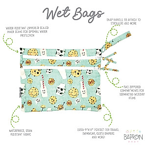 BapronBaby Cookies & Milk Wet Dry Bag - Waterproof Two Zipper Pockets - Reusable for Mealtime, Diapers, Stroller, Snacks, Swimsuits - Machine Washable - 11" x 9"