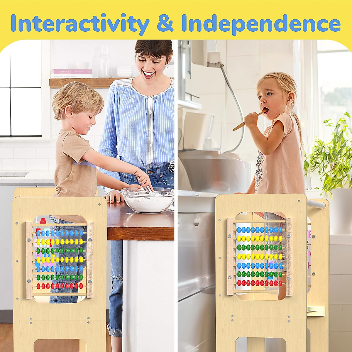 Toddler Kitchen Stool Helper, Toddler Tower, Foldable Weaning Table with Chalkboard and Plaything, Montessori Kids Foldable Step Stool and Kids Learning Standing Tower for Bathroom and Counter