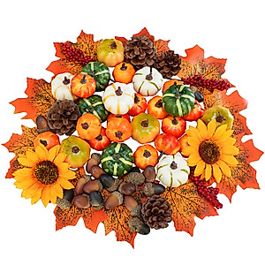 68 Pcs Assorted Mini Artificial Pumpkins with Maple Leaves Pinecones Acorns Sunflowers Berries Fall Decorating Kit for Fall Wedding Thanksgiving Halloween Table Centerpiece Wreaths Vase Bowl Fillers
