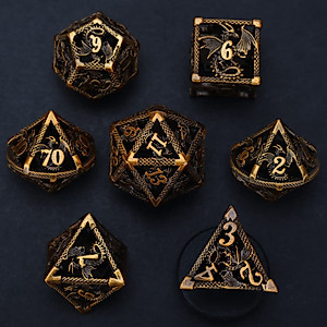 DND Dice Set 7 Pieces, JJDISO Hollow Metal D&D Polyhedral DND Dice for Dungeons and Dragons RPG Steampunk Dragons Role Playing Dice with Gift Box, Ancient Golden D4 D6 D8 D10 D12 D20 Dice Set