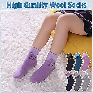 LANLEO Kids Wool Socks For Toddlers Boys Girls Hiking Winter Warm Cozy Thick Heavy Thermal Crew Boot Socks 6 Pairs Cat,8-12 Year Old