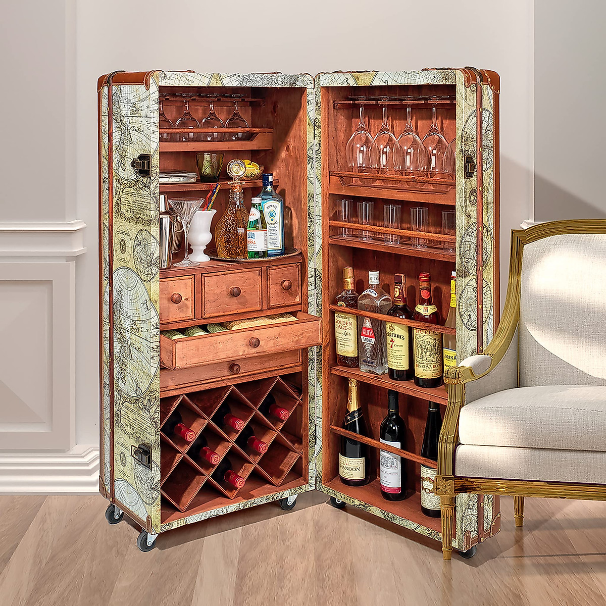 Design Toscano Italian-Style World Map Cocktail Bar Steamer Trunk, 49.5 Inch, full color