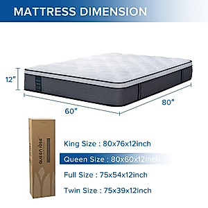 Queen Mattress, Medium Firm Feel, 12 Inch in a Box, Hybrid Memory Foam Pocketed Coil, Pillow Top Cotton Blend Cover, Pressure Relief Breathable, CertiPUR-US