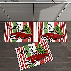 2 Pieces Kitchen Rugs and Mats Set, Christmas Truck Xmas Tree Red Green Stripe Kitchen Mats Cushioned Floormat Non Slip Runner Rug Set for Kitchen Laundry Entryway Decor, 15.7"x23.6"+15.7"x47.2"