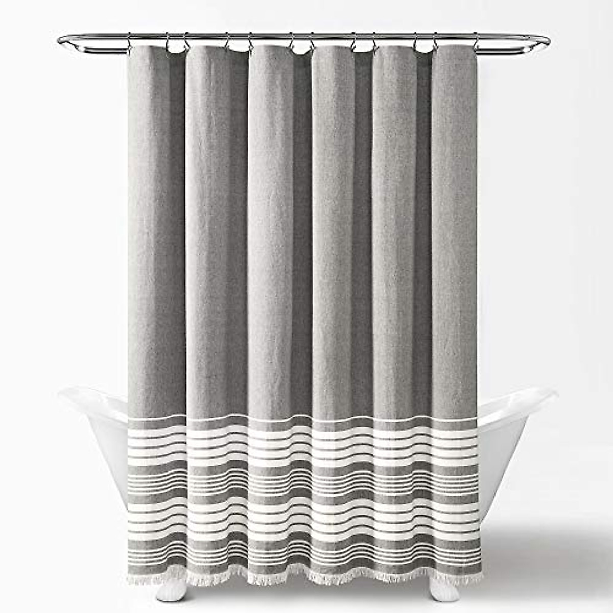 Lush Decor, Gray Nantucket Yarn Dyed Cotton Tassel Fringe Shower Curtain, 72" x 72"