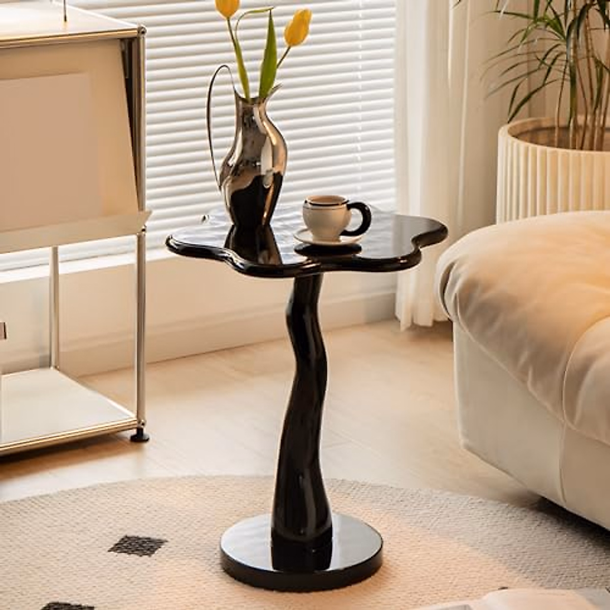 Modern Sofa Side End Table Wooden Flower Shape Side Tables Living Room Small Accent Table with Round Pedestal, Wave-Design Couch Corner Tables Coffee Table for Home Decor (Black)