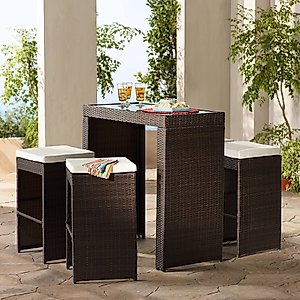 Teal Island Designs Port Henry Natural Cottage Coastal Rattan Rectangular Outdoor Bar Table and Chairs Furniture 39 1/2" x 19 3/4" Dark Brown Glass Tabletop for Front Porch Patio Home House Deck