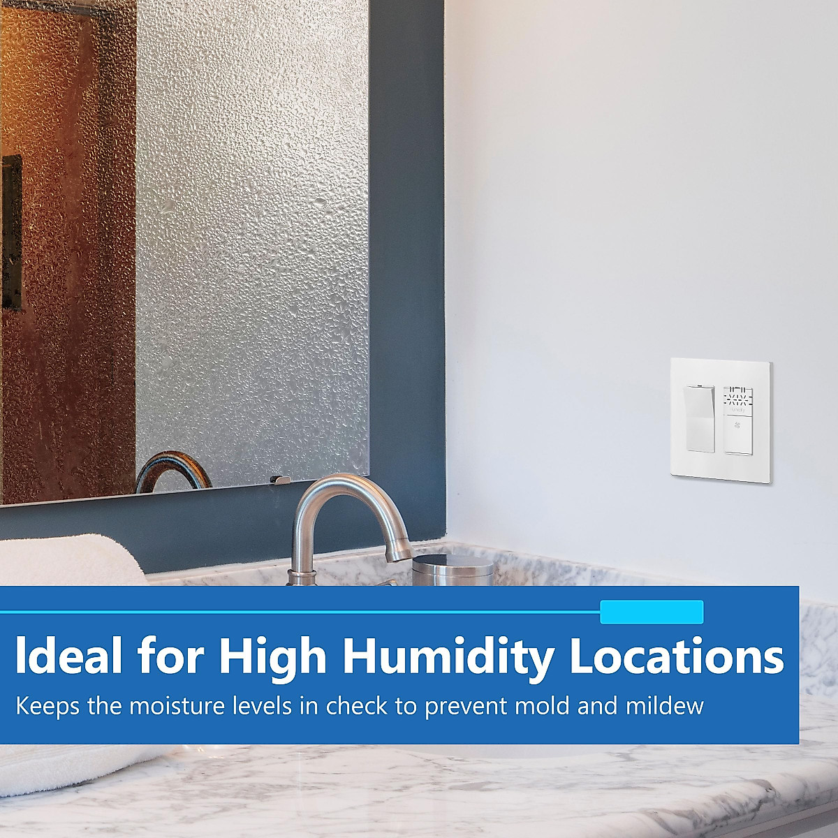 LIDER No Neutral Wire Required Humidity Sensor Switch, Automatic Humidity Detection, Air Circulator, Bathroom Fan Automated Control, Adjustable Timing, 1-Pole, White, Wall Plate Included