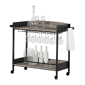 South Shore City Life Bar Cart with Wine Glass Rack, Black and Faux Carrara Marble