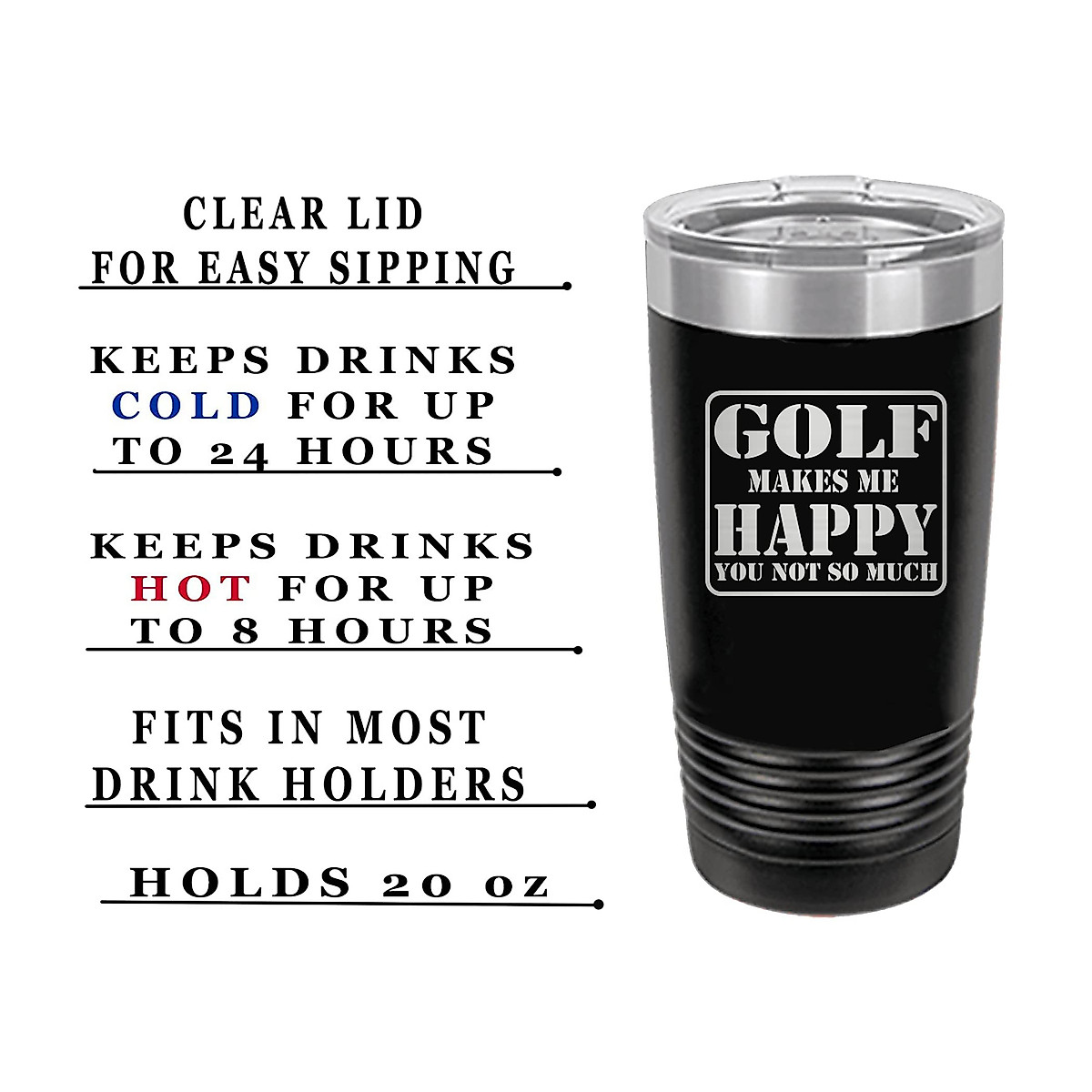 Rogue River Tactical Funny Golf Makes Me Happy Golf Ball 20 Oz. Travel Tumbler Mug Cup w/Lid Vacuum Insulated Hot or Cold Gift For Golfer Dad Grandpa Ball Black