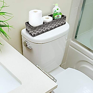 [Larger Compartments] Toilet Tank Topper Paper Basket - Multiuse Hand Woven Plastic Wicker Basket with Divider for Organizing, Rustic Farmhouse Bathroom Decor, Countertop Organizer Storage, Grey