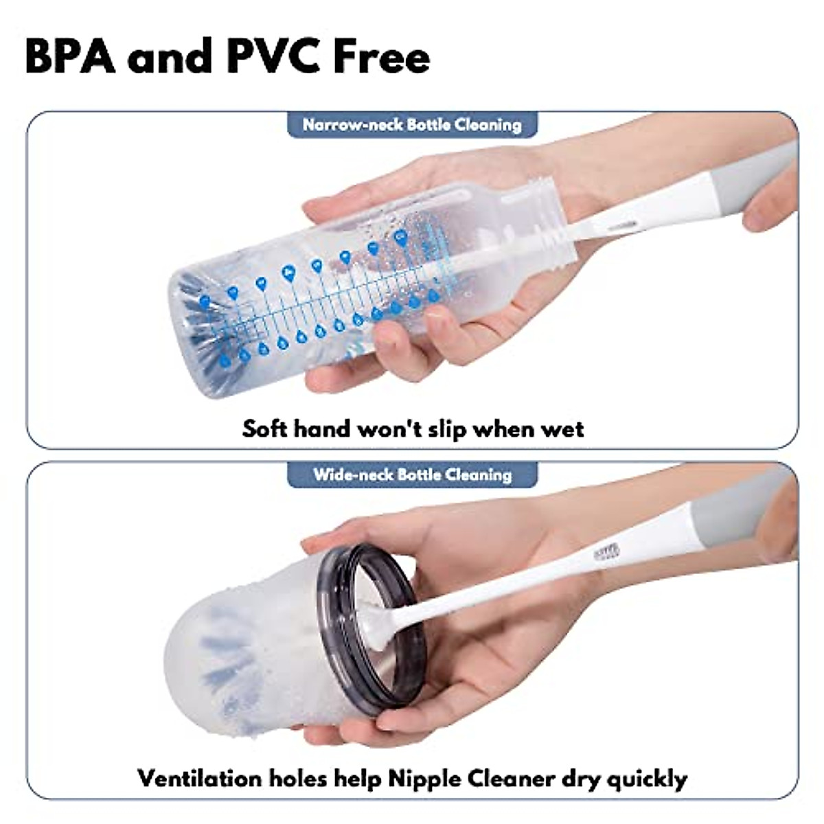 Jumperlay Bottle Cleaning Brush Set with 1 Pack Nipple Brush and 2 Pack Straw Cleaner Brushes and A Hidden Mini Brush, Gray