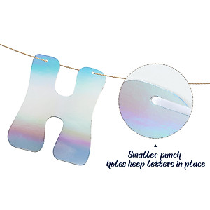 RUBFAC Pre-Strung Iridescent Happy Birthday Banner- NO DIY - Shiny Happy Birthday Banner Sign, Changeable Garland Bunting Banner for Birthday Party Decorations