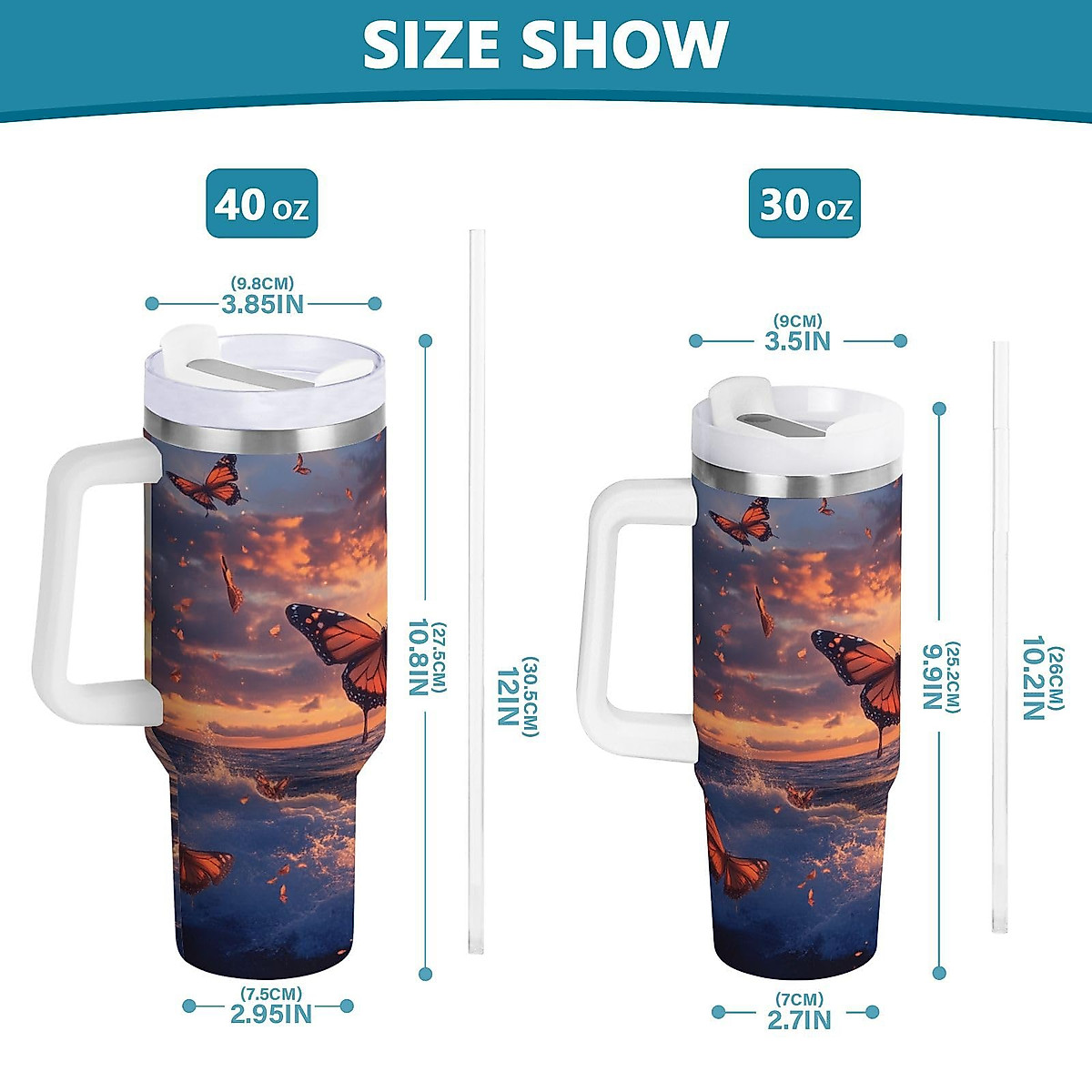 Slewiaeky Cute Animal Butterfly 40 oz Tumbler with Handle Straw and Lid Sunshine Stainless Steel Vacuum Insulated Reusable Water Bottle Glasses Travel Mug Thermal Cup for Home Office Car