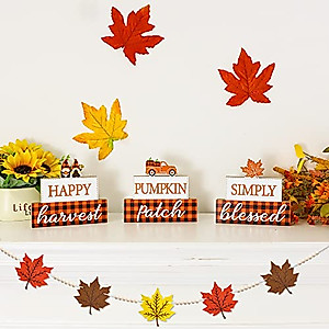 Fall Thanksgiving Decorations for Home, 3 PCS Buffalo Plaid Fall Table Decor Wooden Fall Signs - Harvest Blessed Pumpkin Patch, Farmhouse Fall Thanksgiving Decor for Tabletop Centerpieces Mantle Shelf