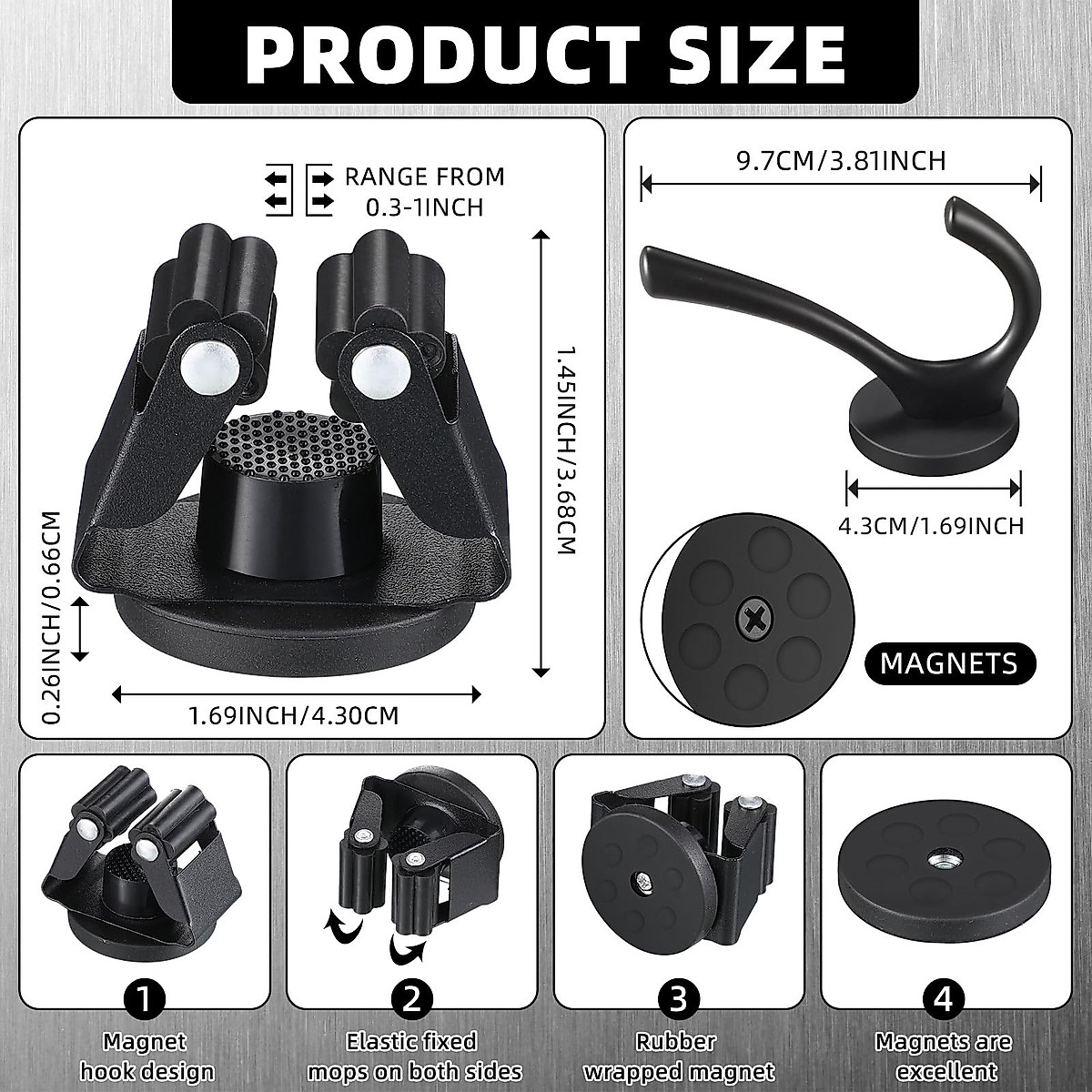 Vercraft 4 Pcs Magnetic Double Hooks Magnetic Coat Hooks Magnetic Mop Broom Holder Movable Magnetic Broom Holder Rack for Garage Kitchen Laundry Garden