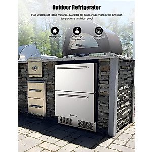 Enocreay Outdoor Drawer Refrigerator, Built-In Under Counter Drawer Fridge Beverage Cooler with Stainless Steel Door, 185 Cans Capacity with Drink Dispenser for Island Kitchen Home Bar