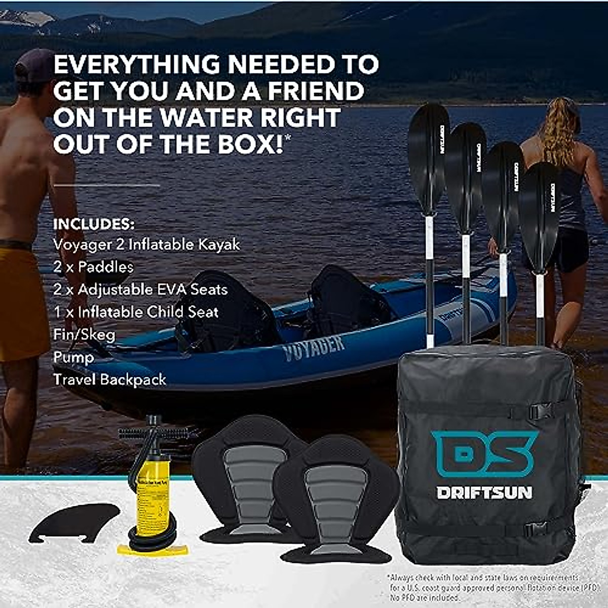 Driftsun Voyager Inflatable Kayak 2 Person Tandem, Foldable Kayaks for Adults Includes 2 Aluminum Paddles, 2 Padded Seats, Double Action Pump and Travel Backpack