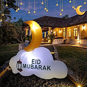 Dawdix 5FT Ramadan Inflatable Decorations, Eid Mubarak Inflatable Crescent Moon Decoration, Blow Up Ramadan Mubarak Yard Decor with LED Lights for Muslim Holiday Party, Garden