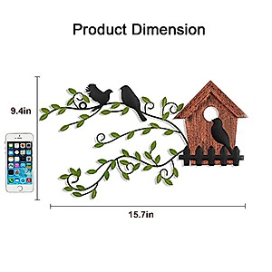 WGFKVAS Metal Birds Leaf Wall Decor, Birdhouse Vine Olive Branch Leaf Wall Art, Cast Iron Scroll Sculptures Hanging Decorations for Outdoor, Indoor, Garden, Back Yard, Patio