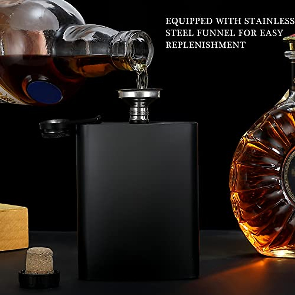 2 pcs Flask for Liquor for Men Matte Black 8 Oz Stainless Steel Leak proof with 2 pcs wine glass 2 pcs Funnel used for Gift,Camping, Outdoor Activitie,Groomsman Bridesmaid Wedding Party