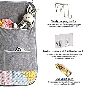 KOOZTI Hanging Laundry Hamper Bag, Over the Door Laundry Bag with U-Shaped Bottom Zipper Opening, Breathable Honeycomb Mesh window, Space Saving Laundry Bag with 2 Types of Hooks