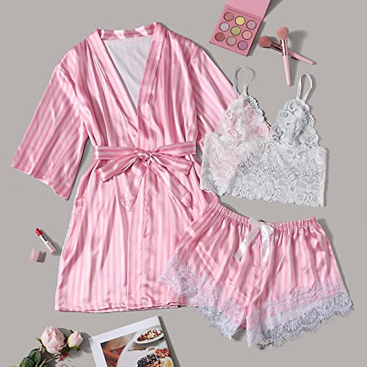 HGps8w Sleepwear for Women 3 Piece Stripe Satin Pajama Set Lingerie Lace Cami Pj Set Sexy V Neck Cami Top with Robe Pink