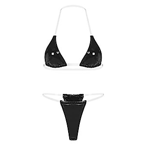 Fldy Women Invisible Straps Sexy Brazilian Bikini Set Latex Shiny Metallic Swimsuit Triangle Bathing Suit Black Large